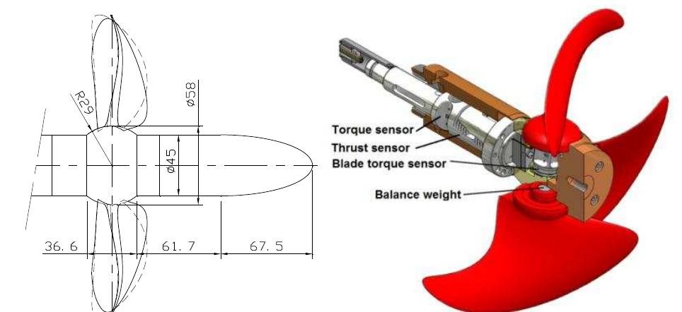 Test set-up and propeller shaft thrust and torque sensors