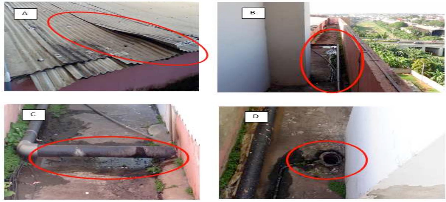 Slipped roofing sheets (a), leaking drainage pipes (b and