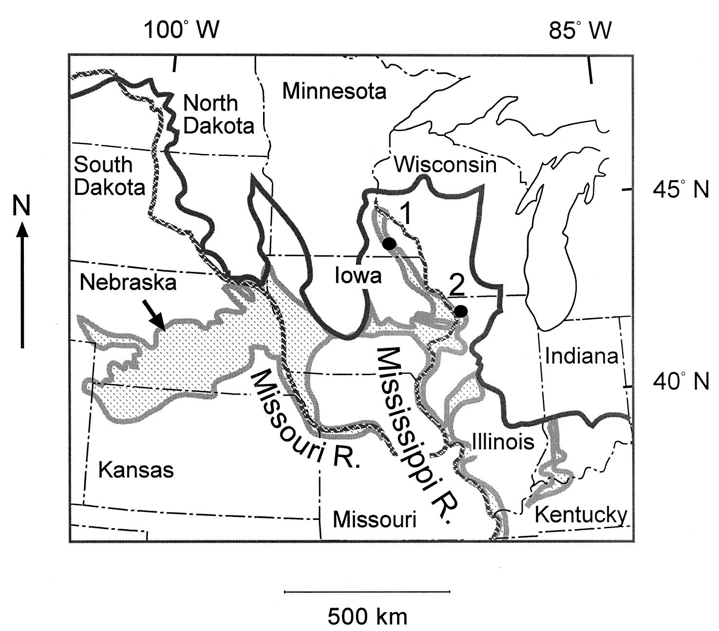Location map of the study areas in central usa: (1)
