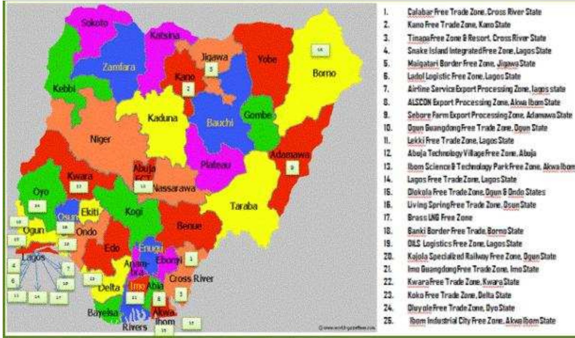 Map of nigeria showing free trade zones source: nigeria