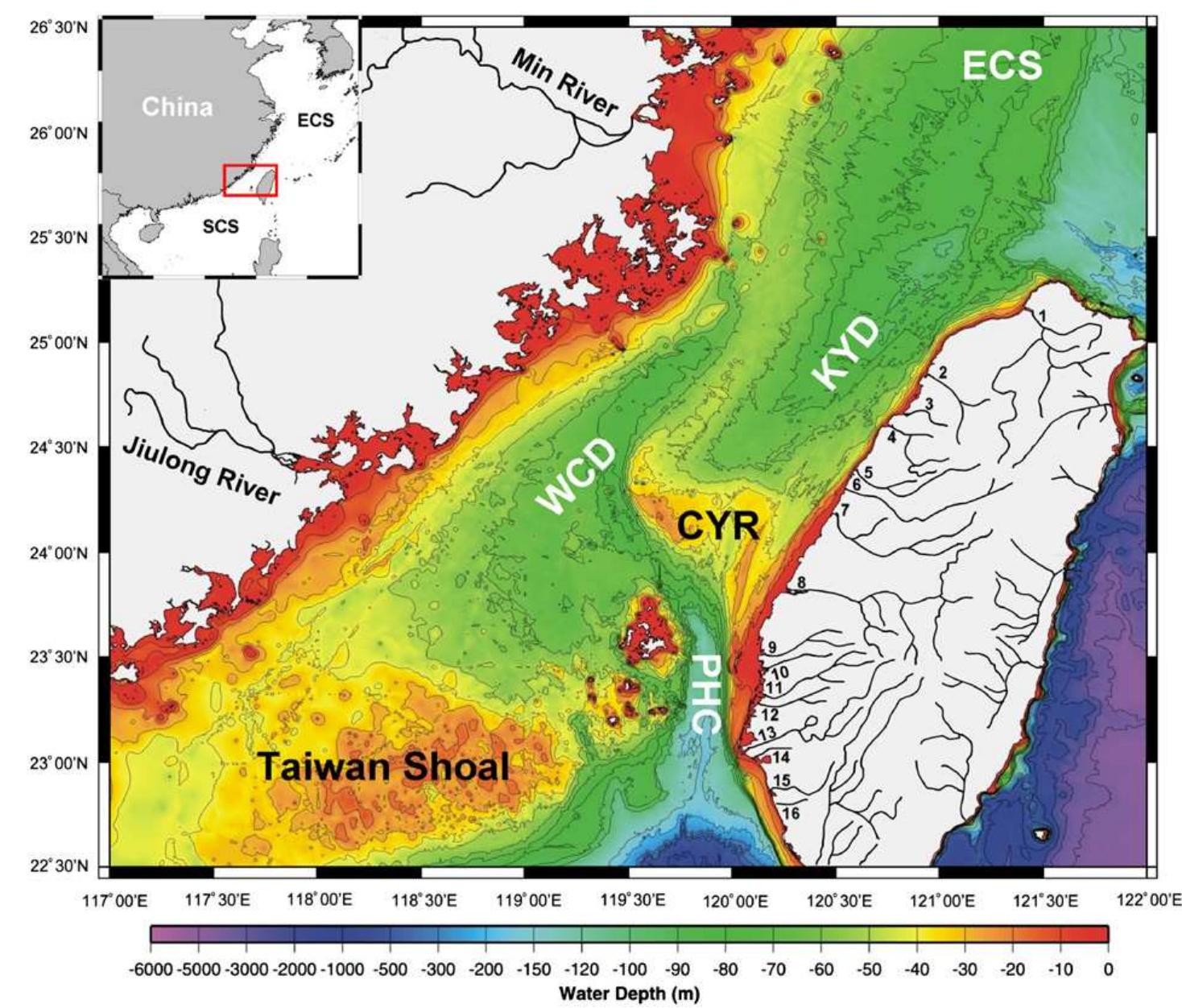 Map showing the bathymetry of the taiwan strait and rivers