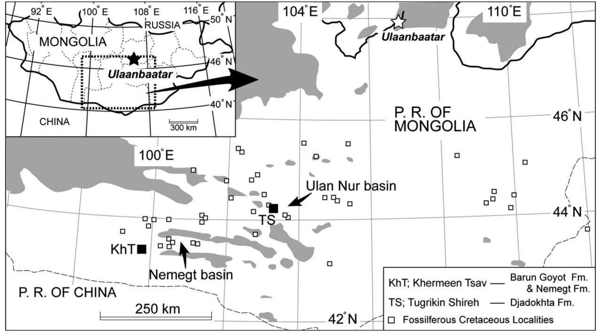 Map showing locations of the dinosaur specimens used in this