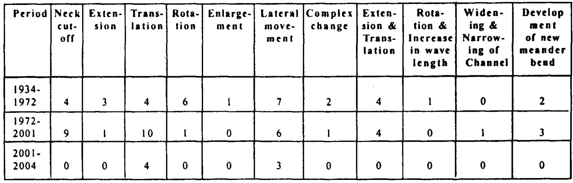 Frequency of types of movement in meander bends of the burhi