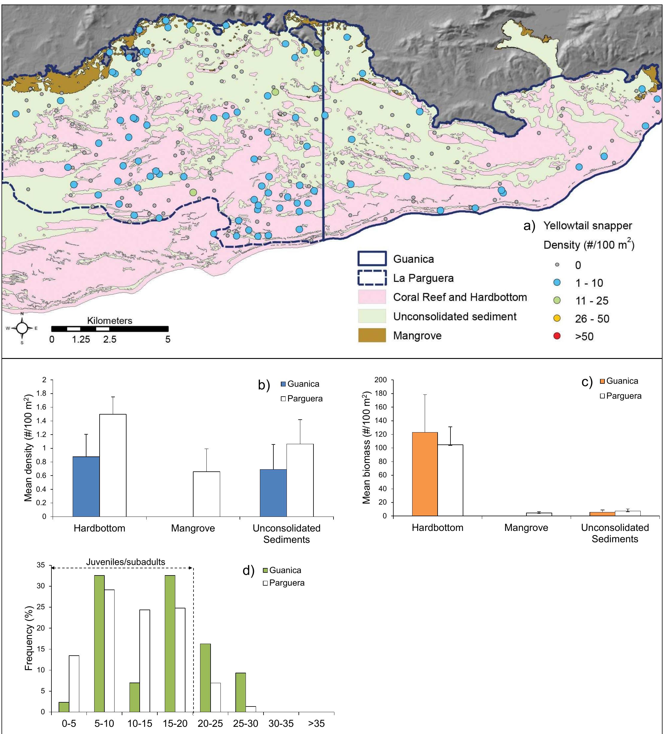 Mean density of yellowtail snapper was highest on
