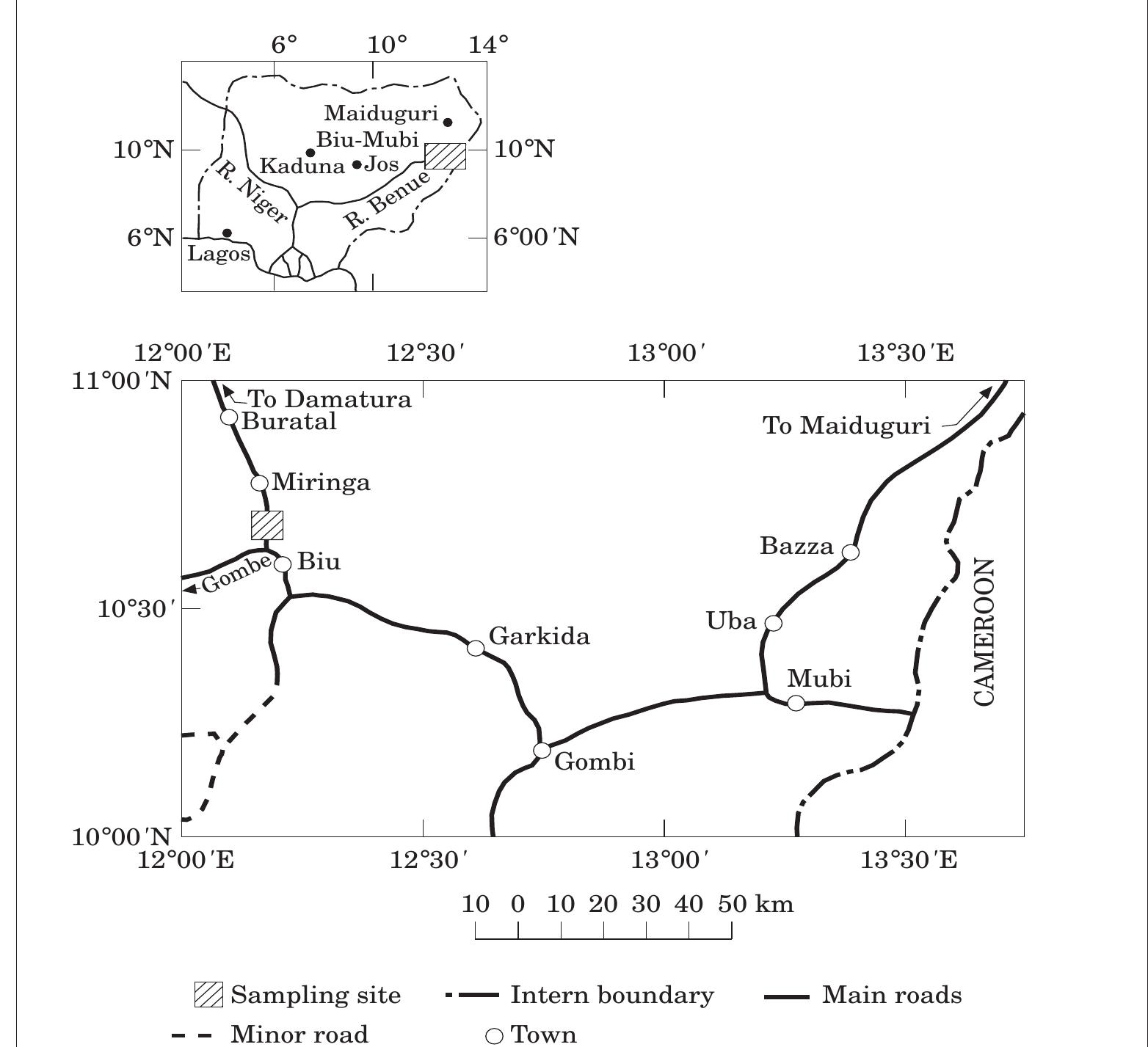 Map of the biu-mubi area showing sampling site. er © a a ae