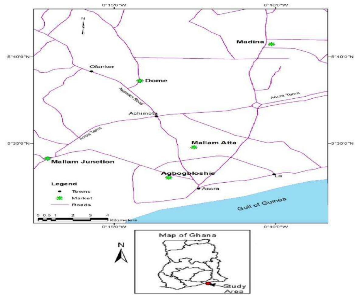 Map of ghana showing the accra metropolis indicating the