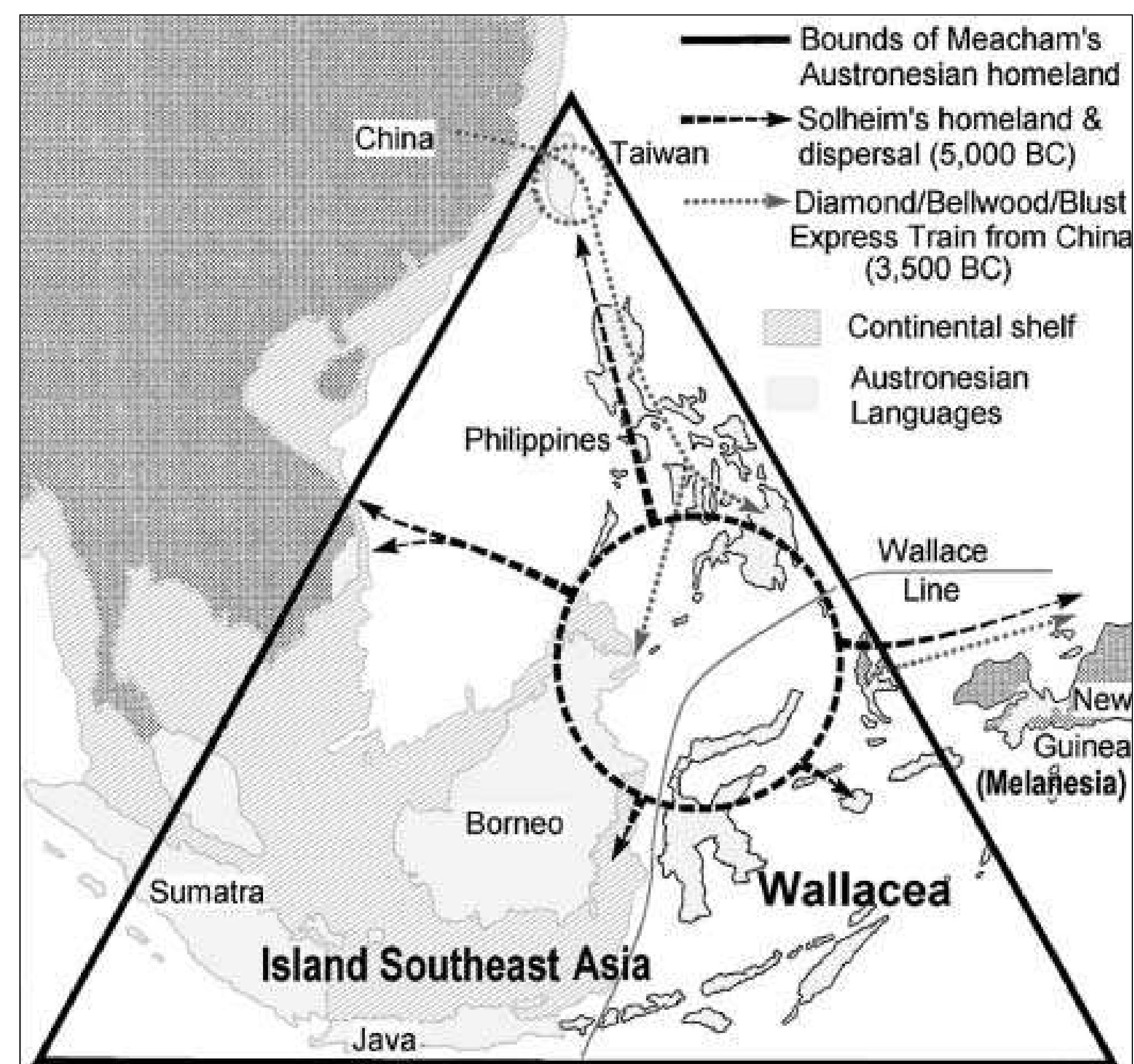 Origins of polynesians. map showing two main alternative