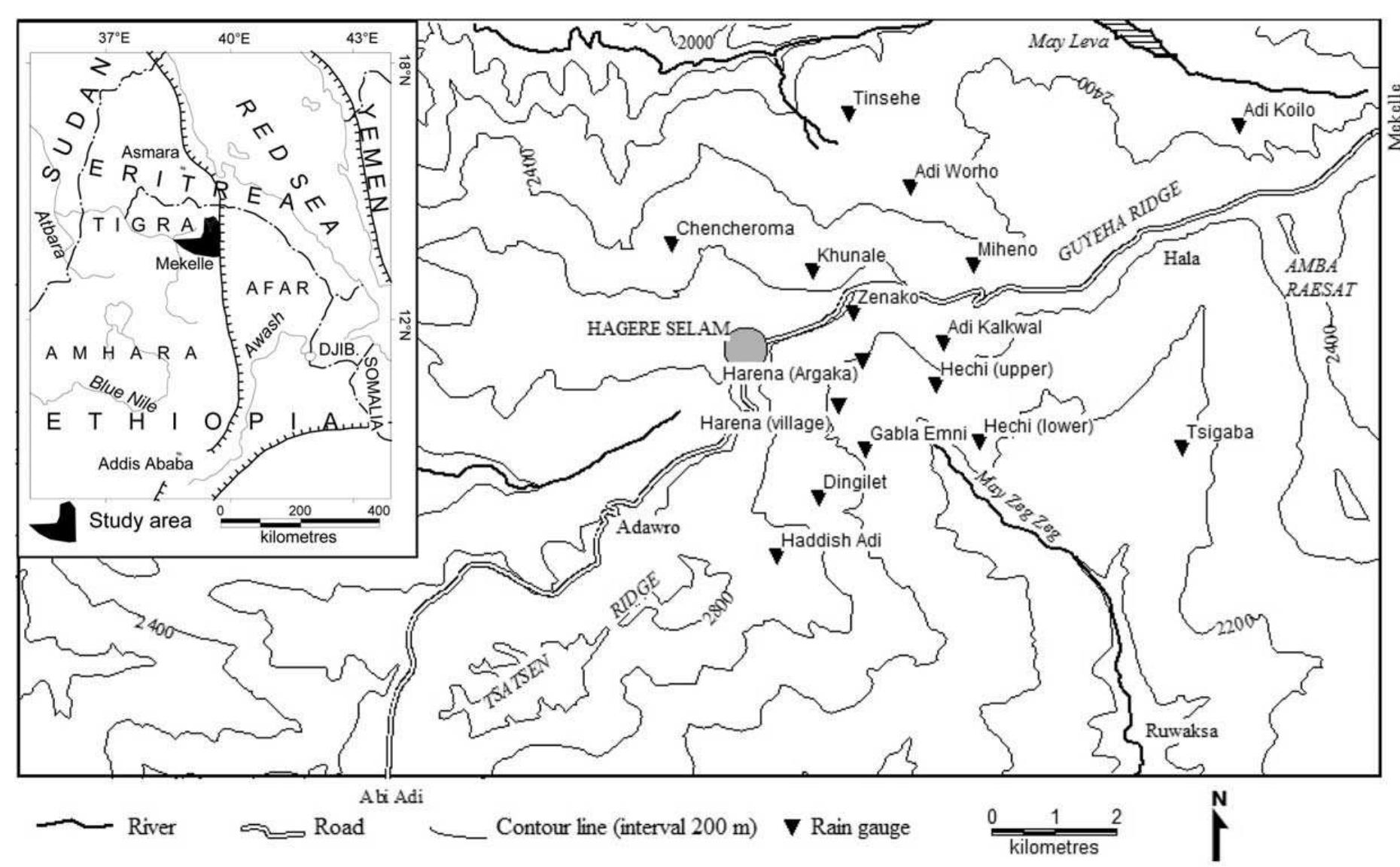 Map of the study area with location of the rain gauges.