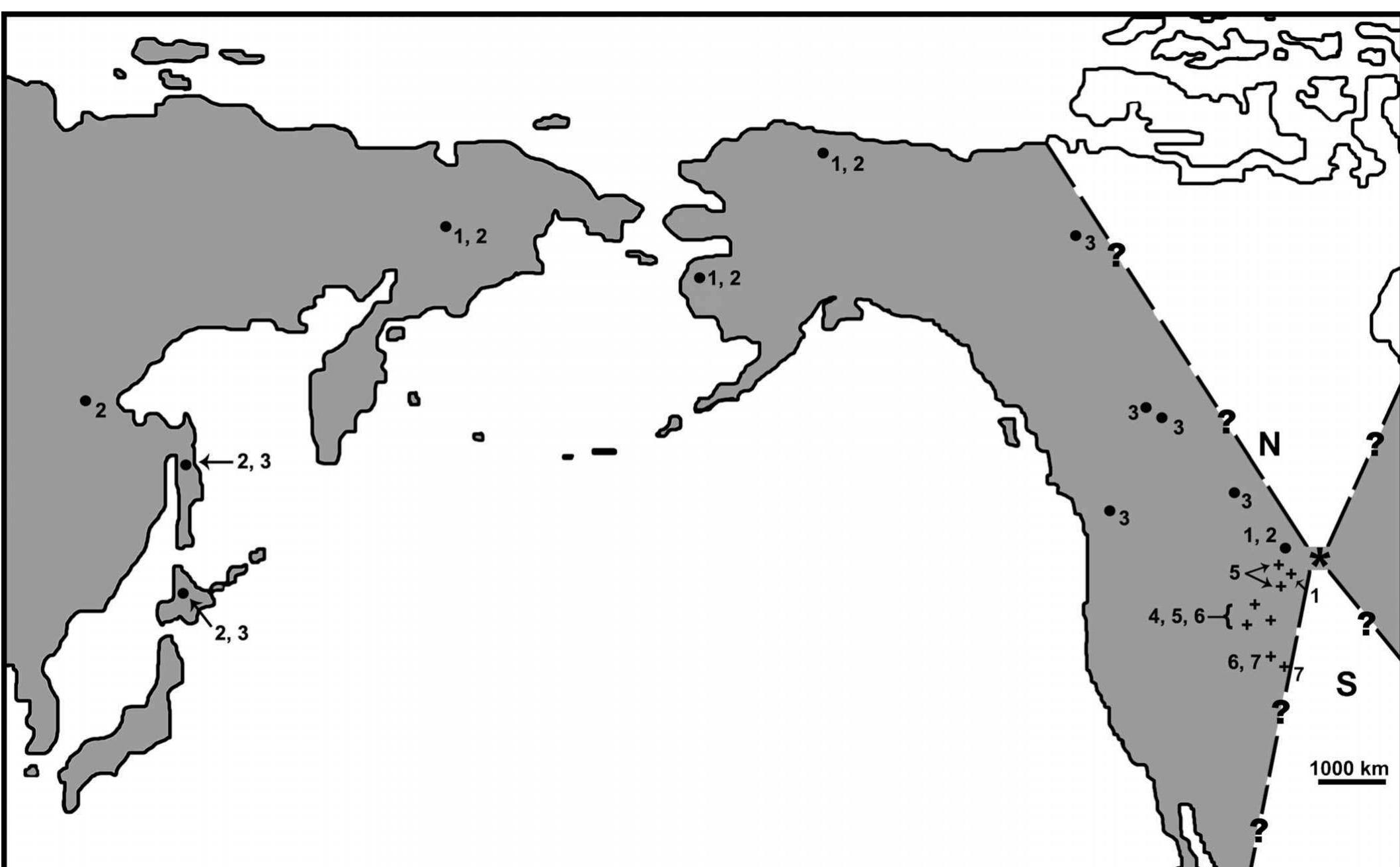 /4—map of biogeographic ranges of all seven fossil leaf