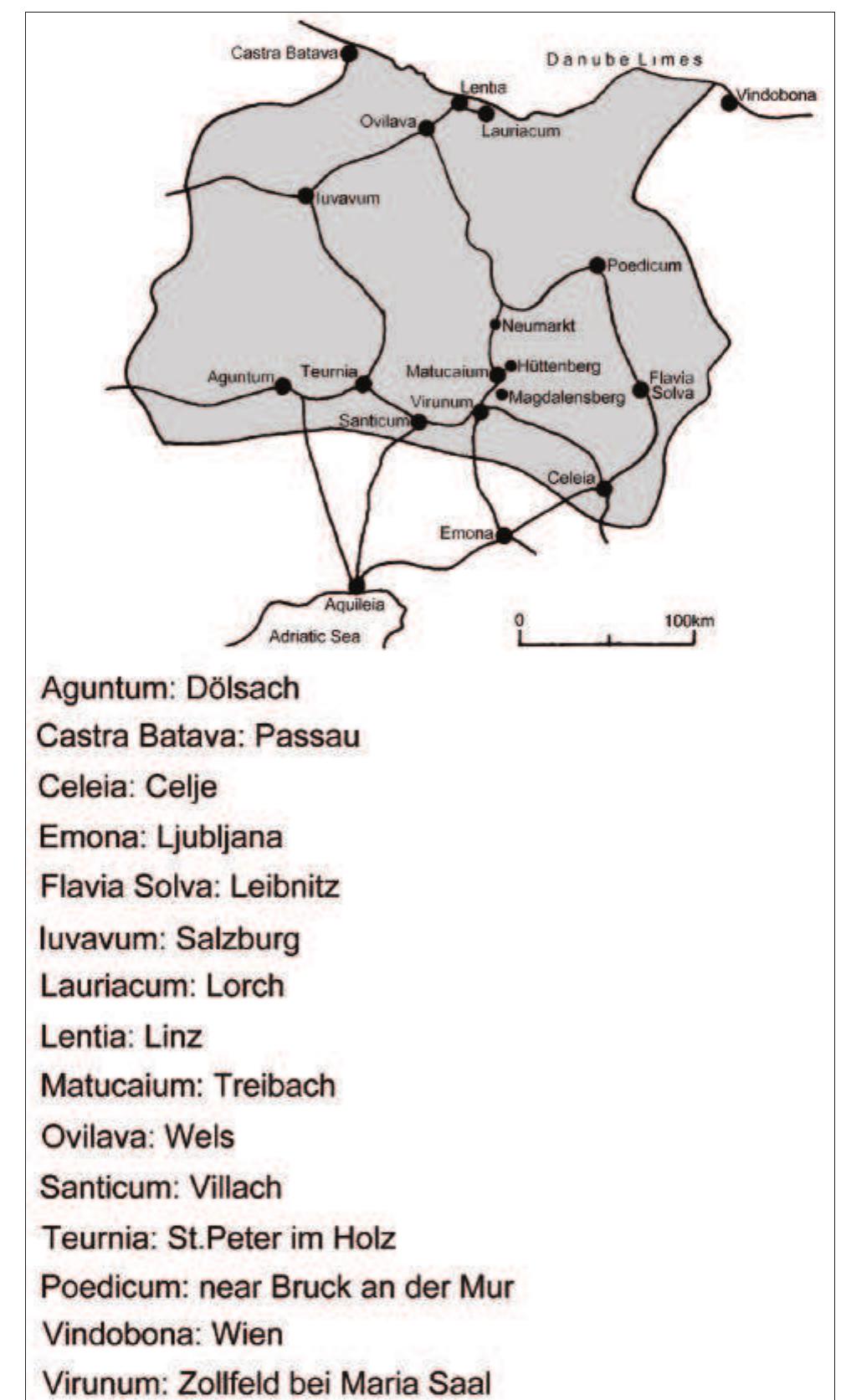 1 — map of noricum with the main roman roads (after glaser