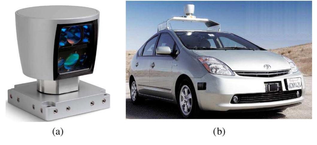 (a) 3d lidar sensor hdl-64e; (b) the same scanner mounted on