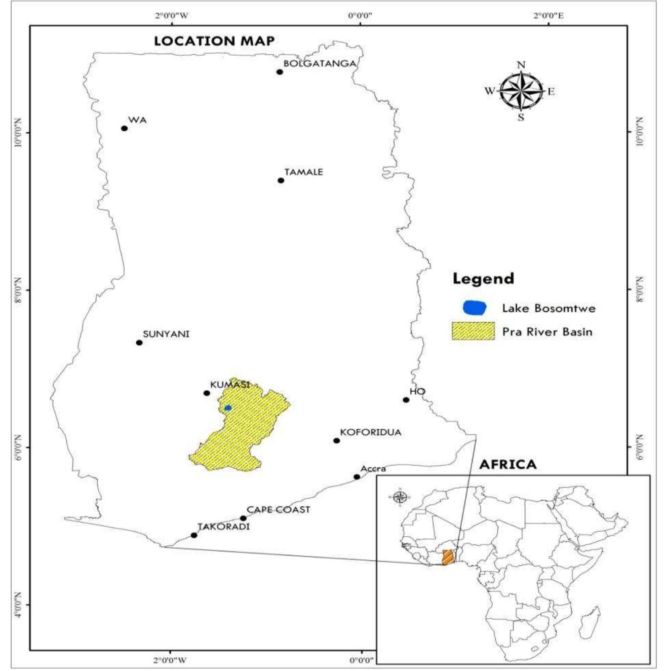 Map of ghana showing the location of lake bosomtwe and pra