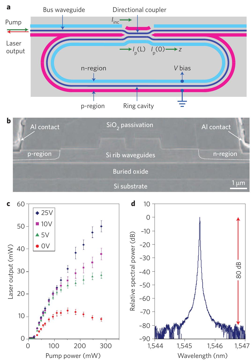 | low-threshold si raman racetrack ring laser. a, schematic