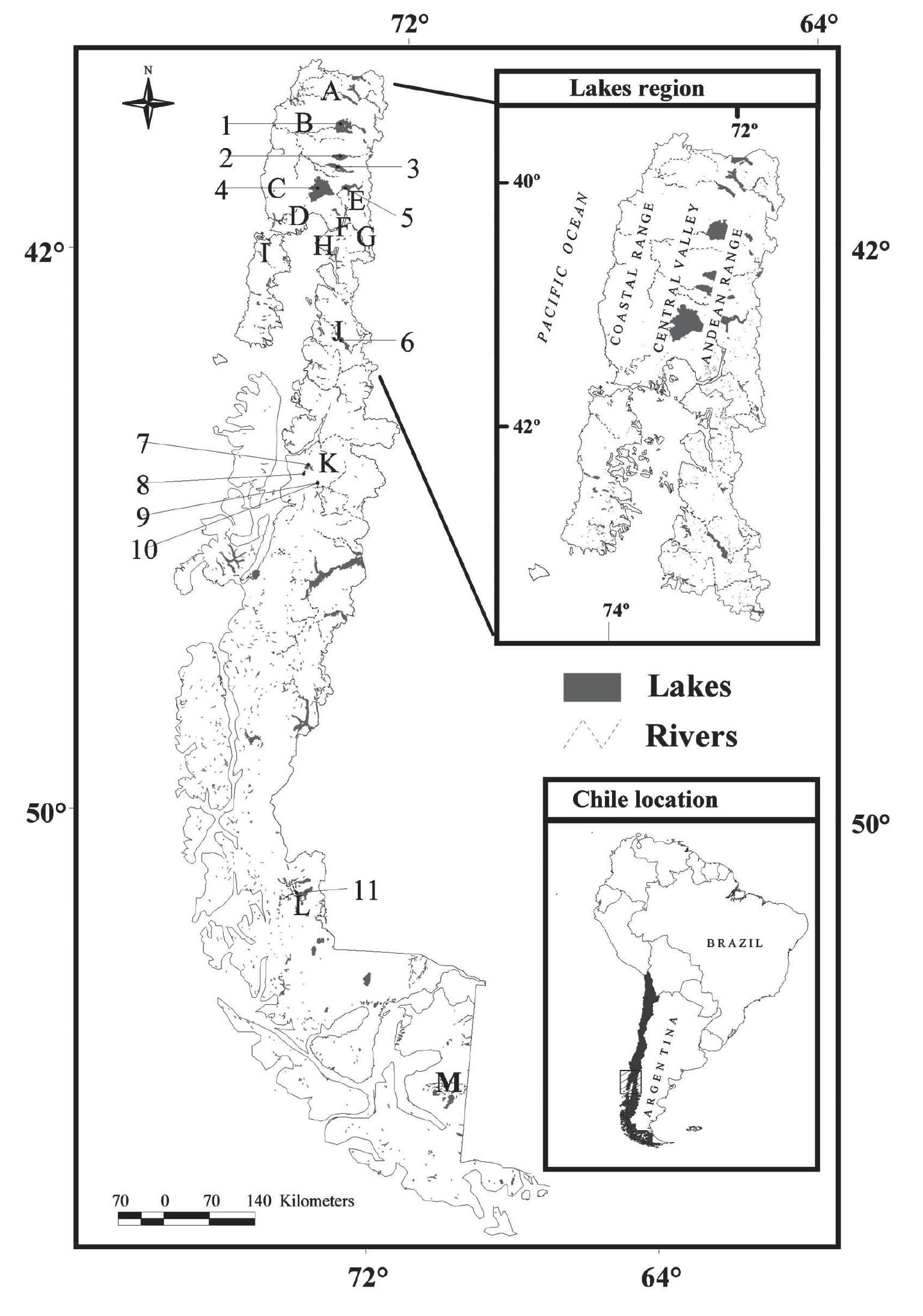 Southern chile map showing the major watersheds being