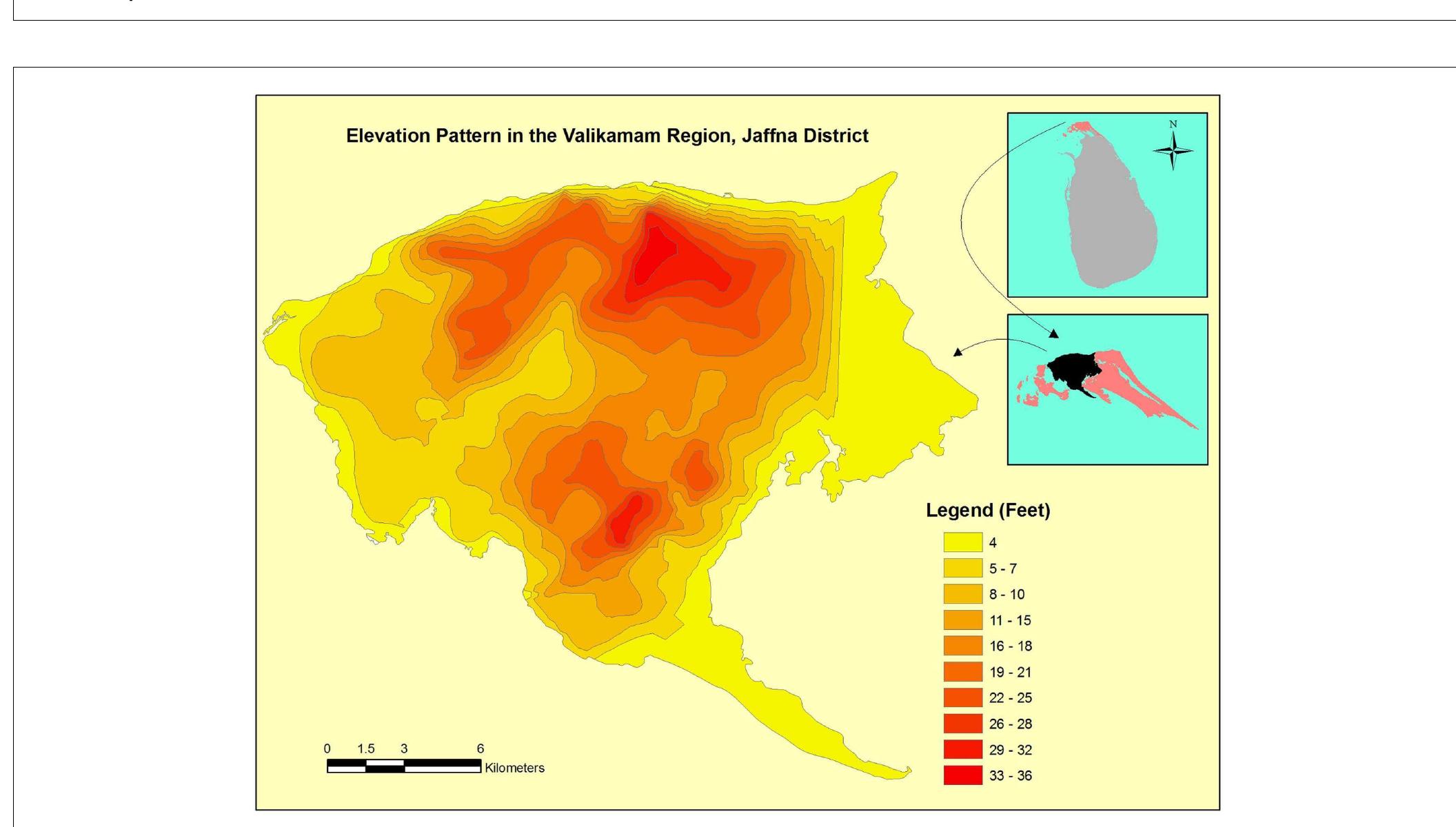 | map showing elevations above mean sea level in the