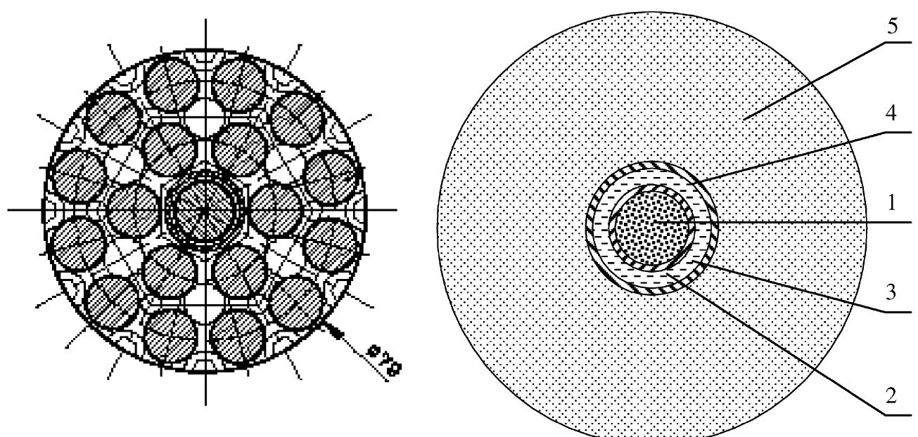 View of fuel assembly cross-section (left) and fuel assembly