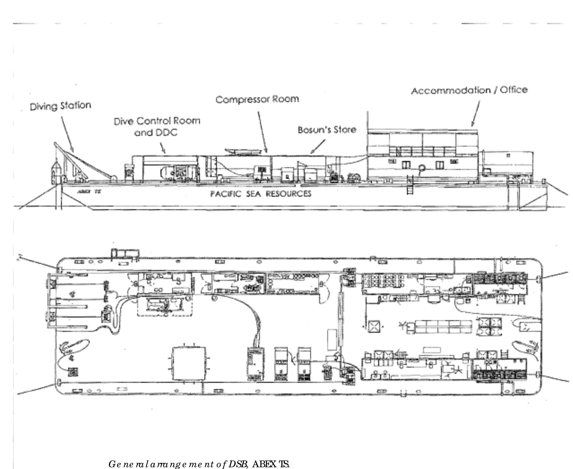 The 53 m long accommodation/dive support barge, abex js, was