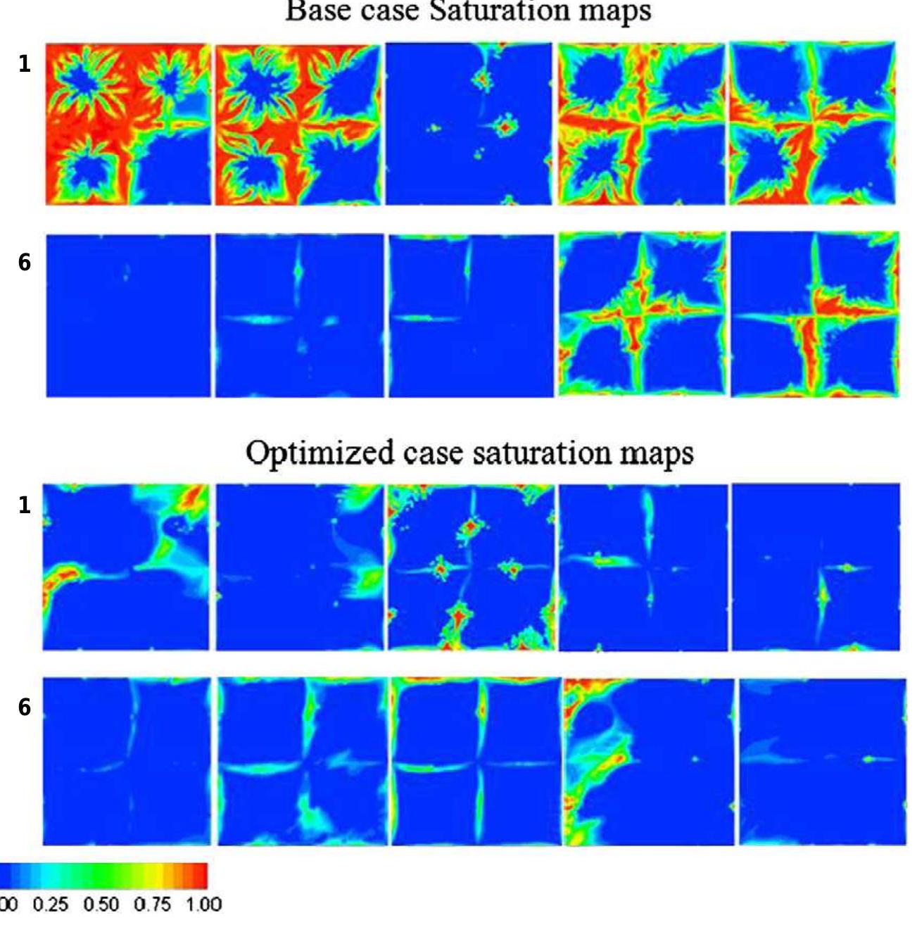 Oil (red) saturation maps of each layer for base case (top