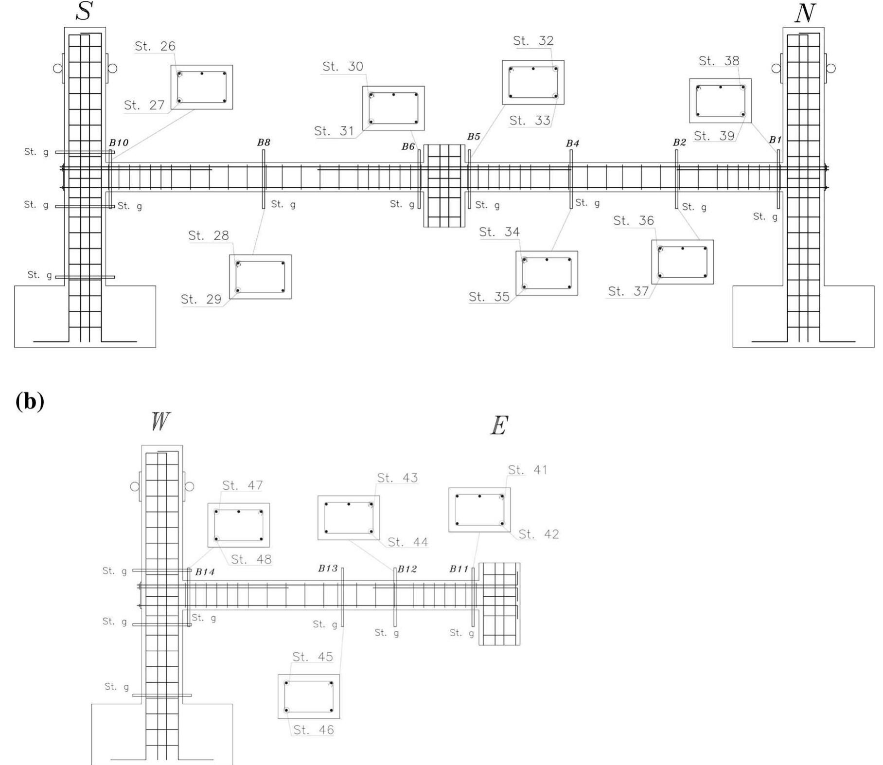 Layout of reinforcement strain gauges. a in-plane frame. b