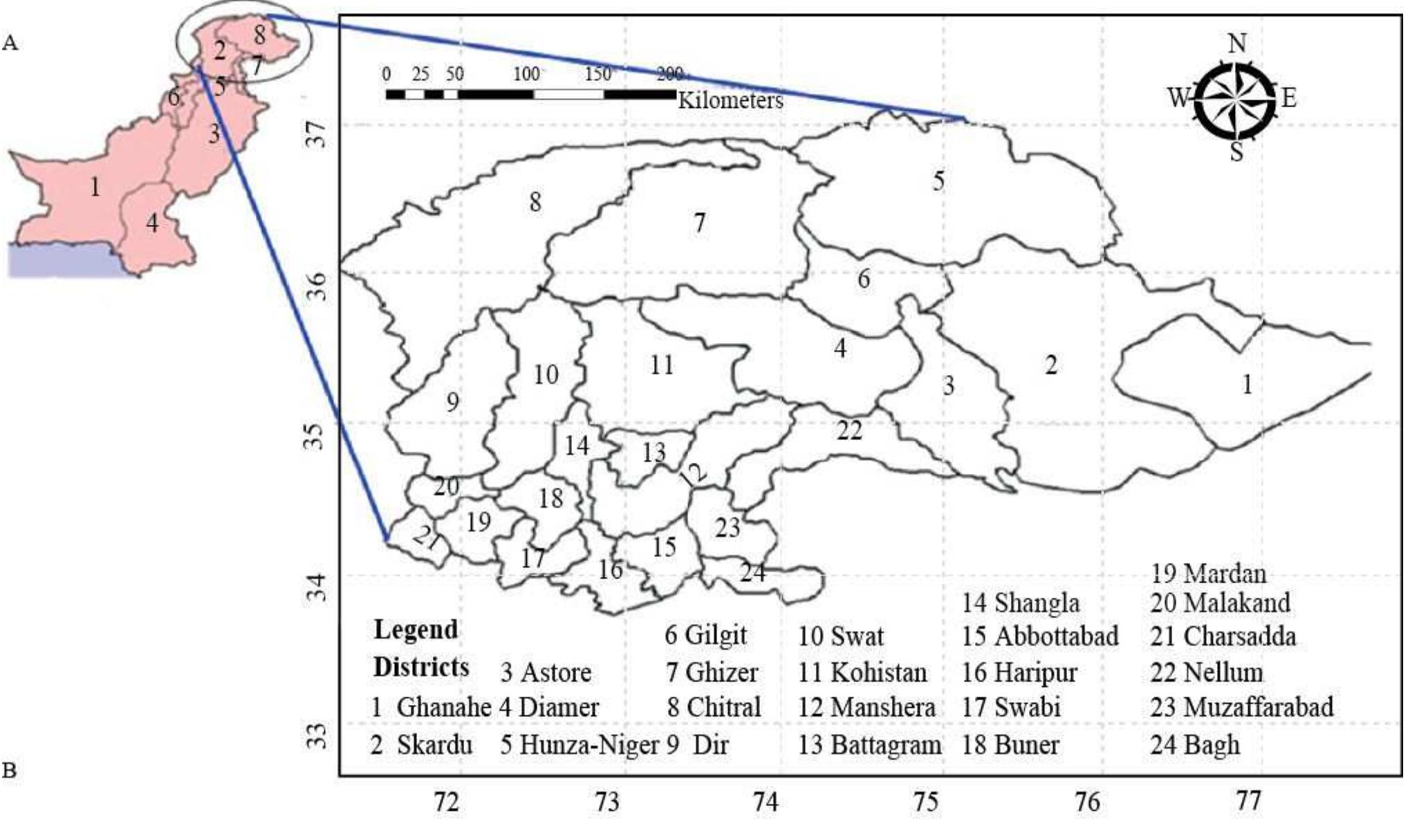(a) reference map of pakistan (b) map of northern pakistan,