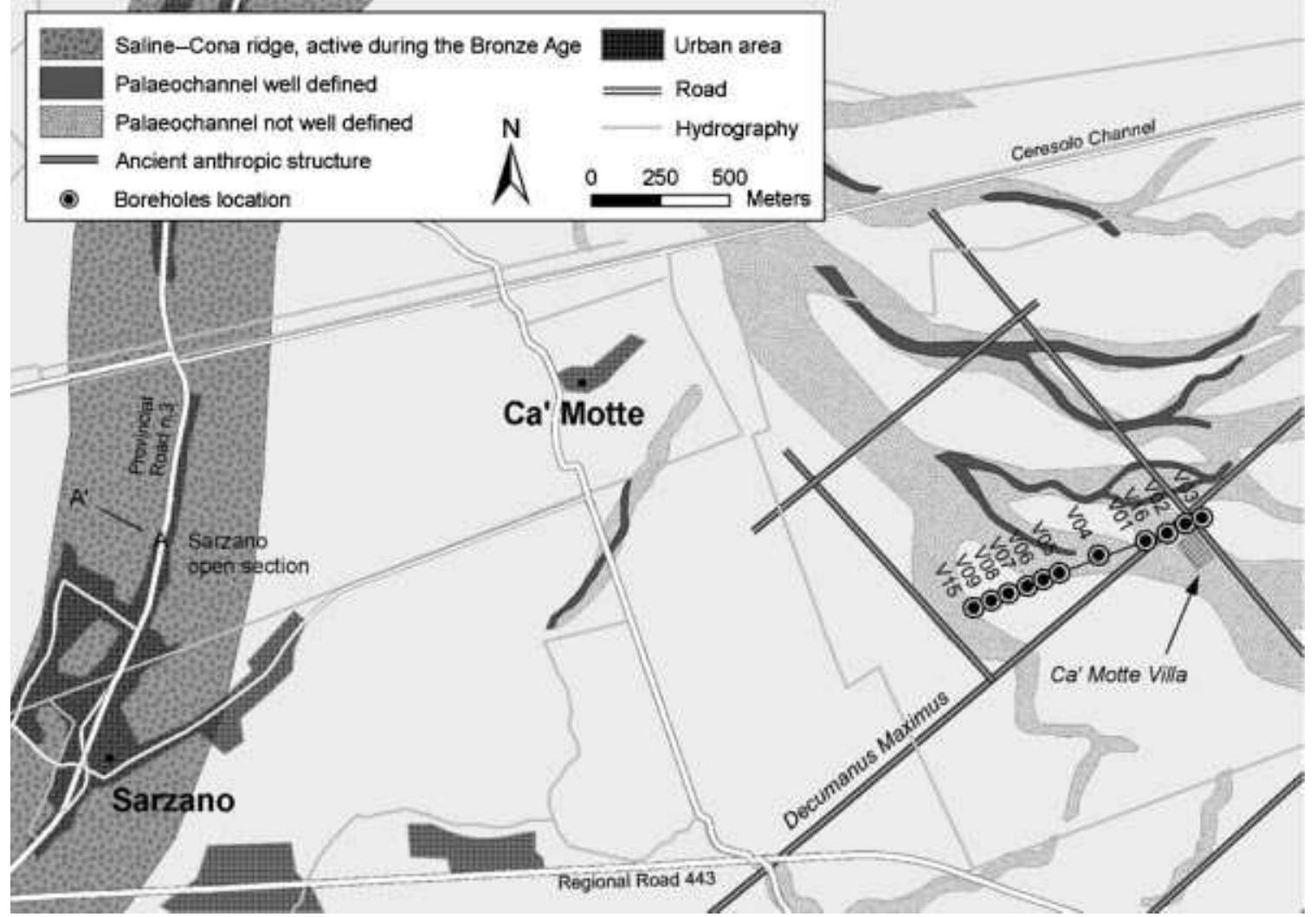 Detailed geomorphological map showing location of boreholes