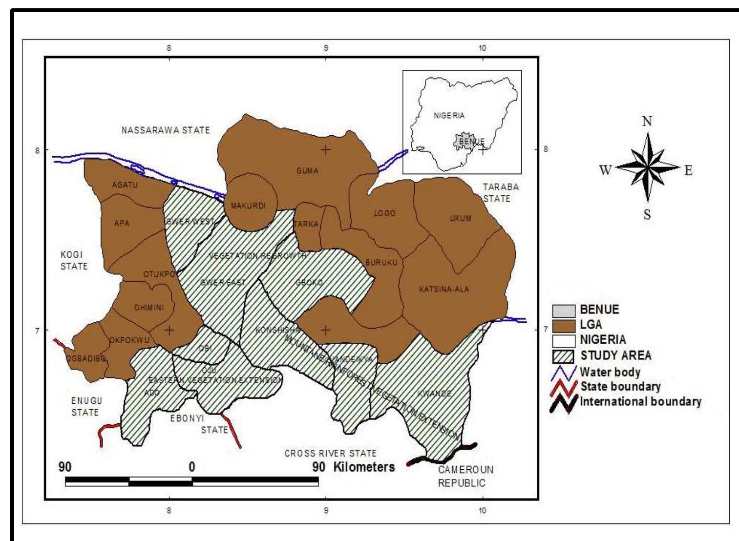 Map of benue state showing the study area. source: benue