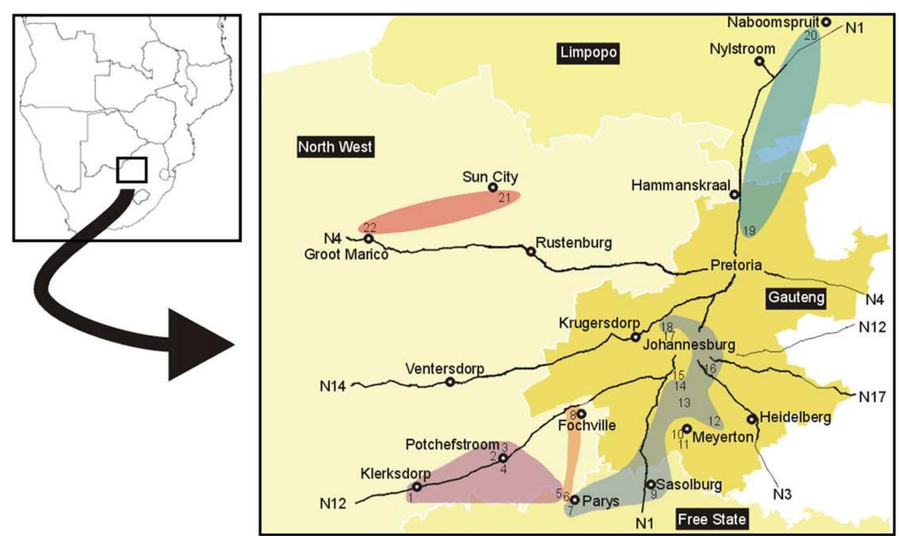 Map demonstrating the localities of the 22 populations of