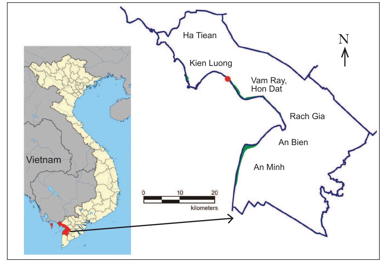 Kien giang map showing the location of the vam ray area, hon
