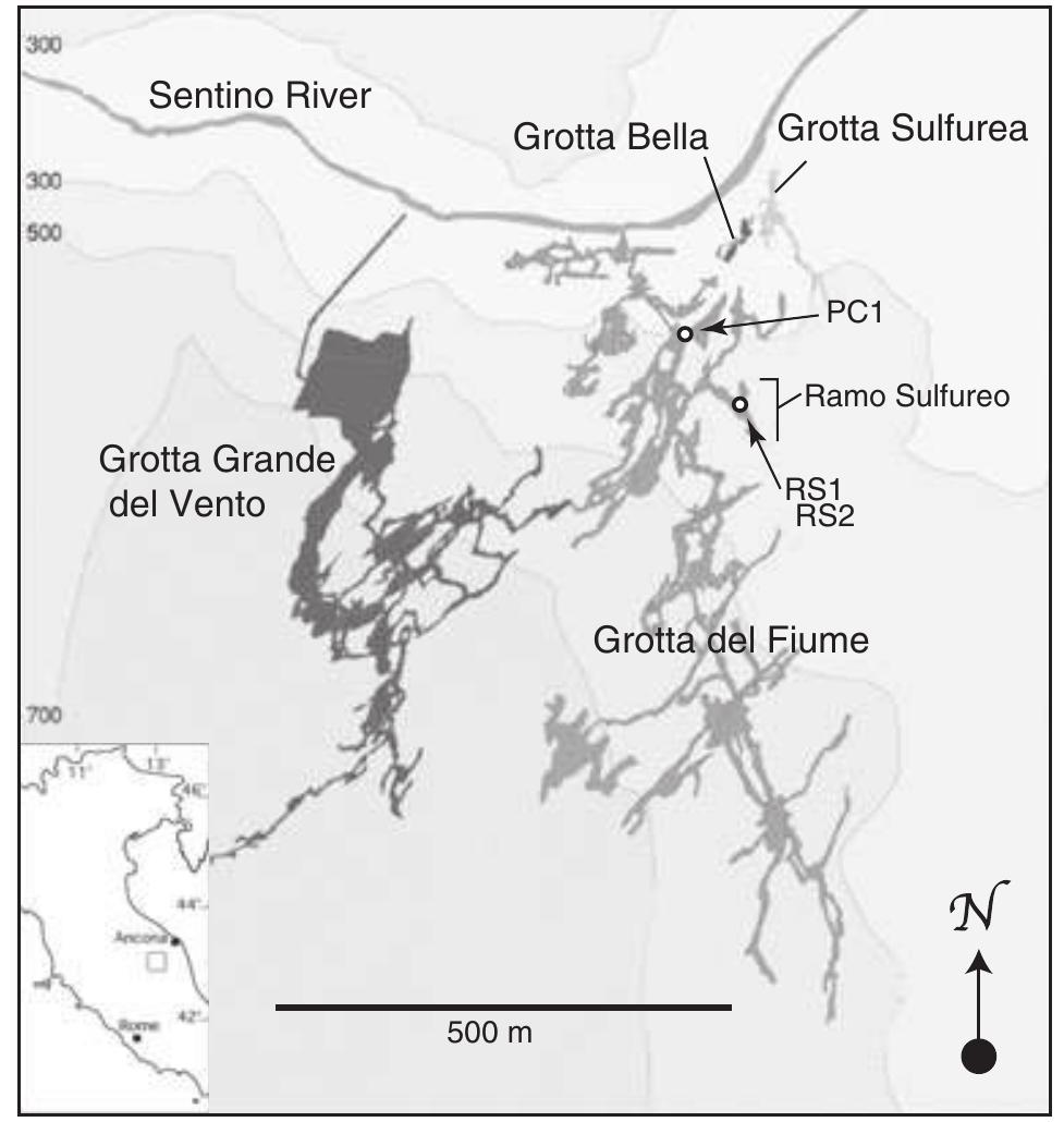 Map of the frasassi cave system showing major (named) caves