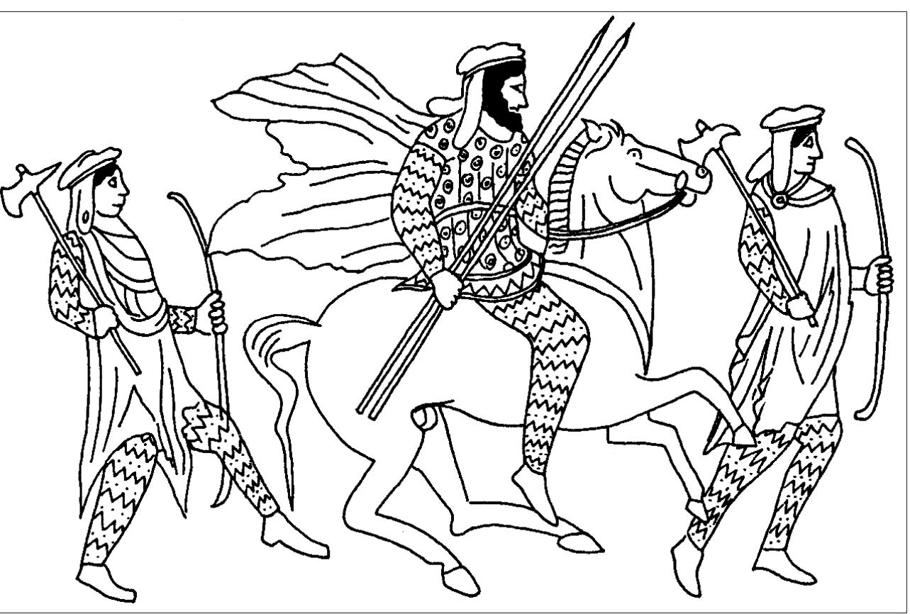 : the persian cavalryman armed with two spears. the