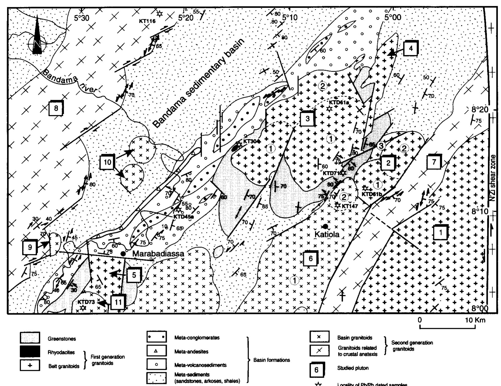 Geological map of katiola-marabadiassa area. numerals in