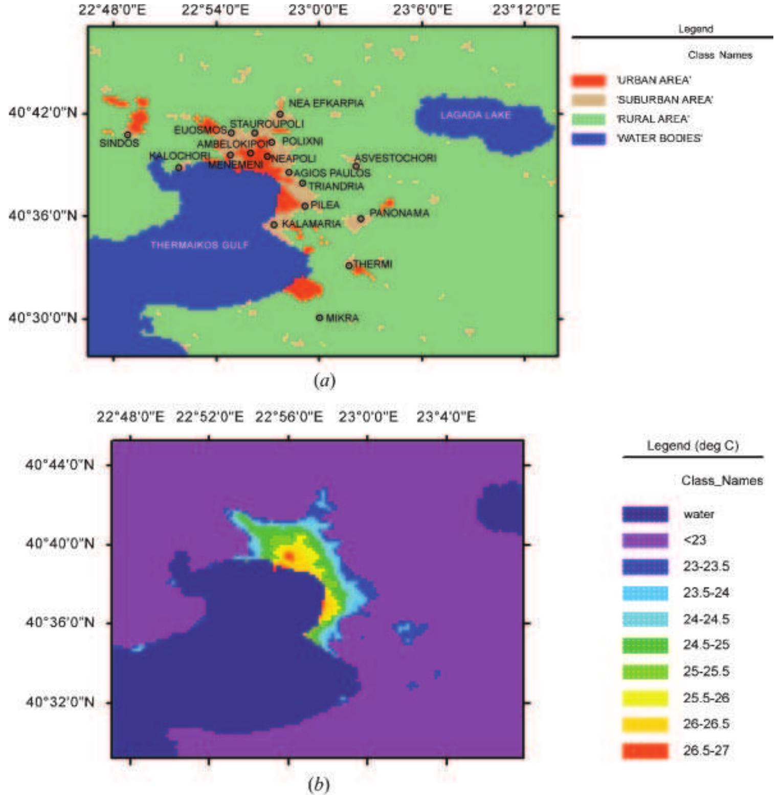 (a) land cover map of thessaloniki. (b) surface temperature