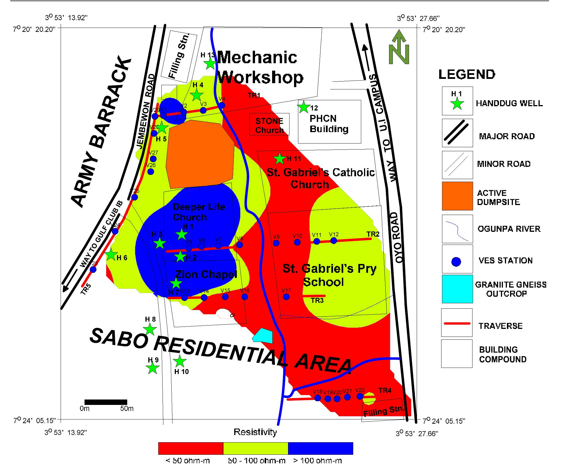 Resistivity distribution map of the weathered layer within