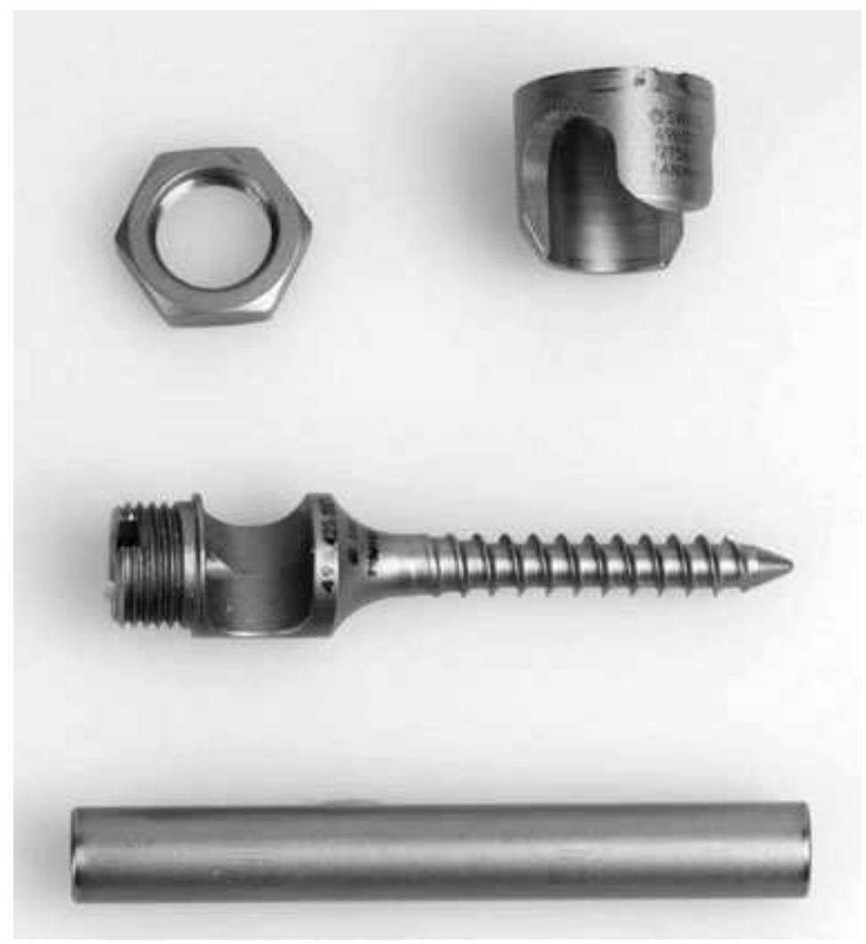 The components of the titanium pedicle screw and rod fixa-