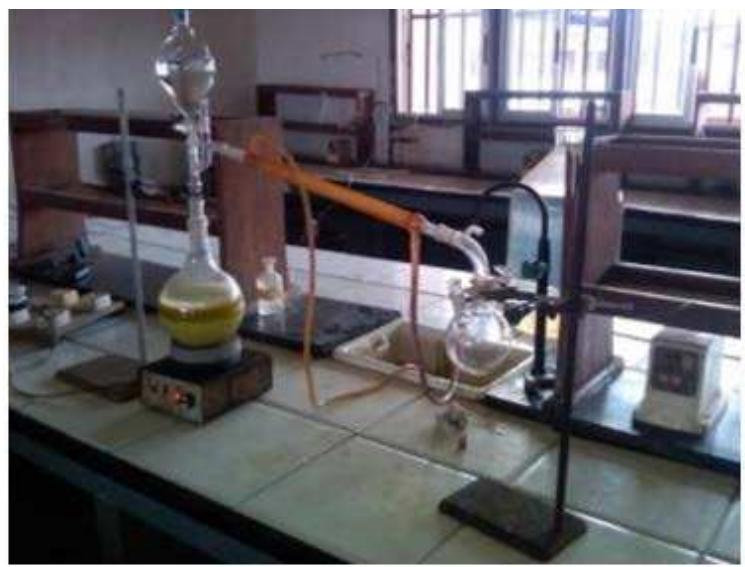 Laboratory set up for steam distillation of citrus peel.