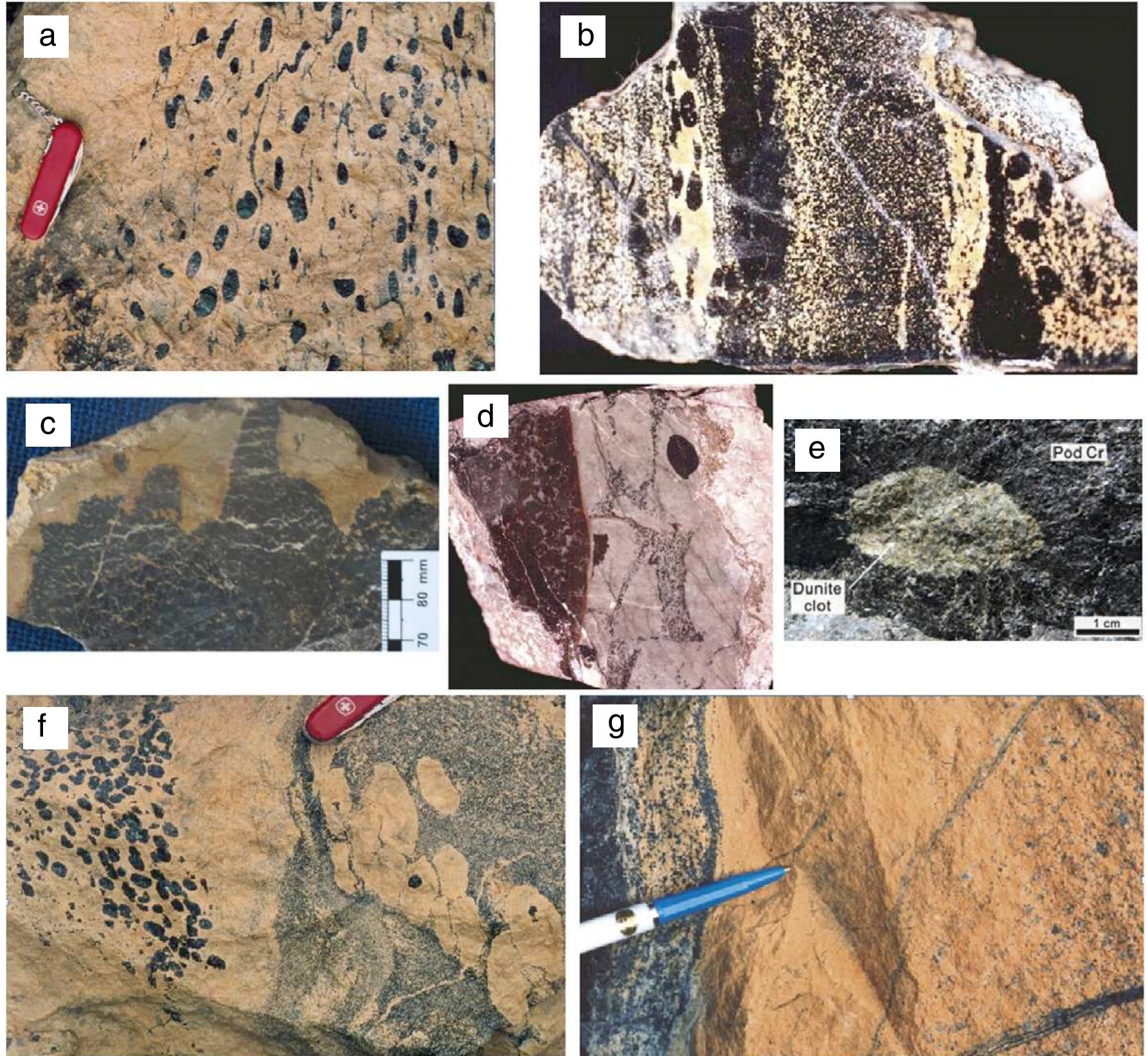 Photos of podiform chromitites: a. nodular chromitite ore