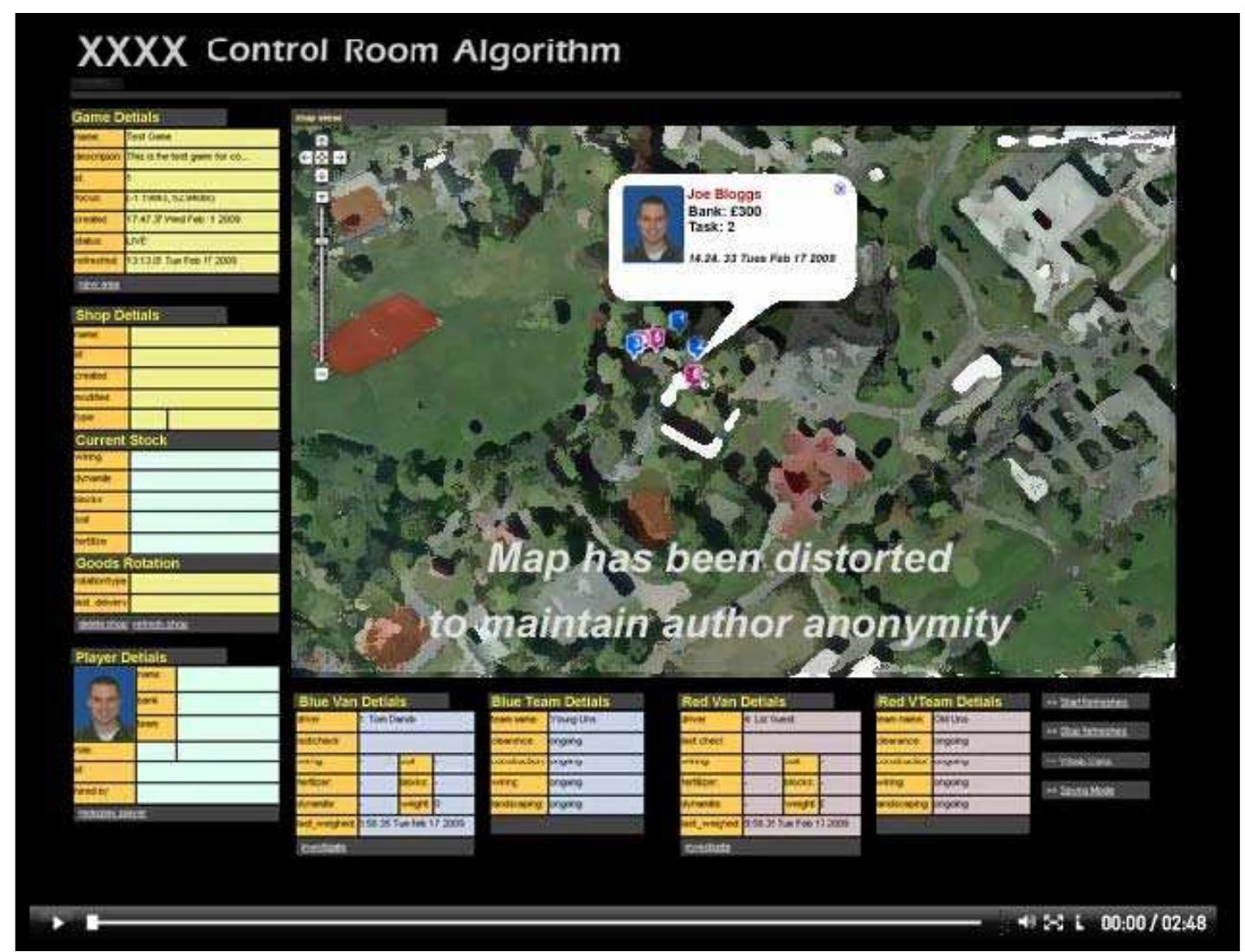The control room interface showing the game play activities