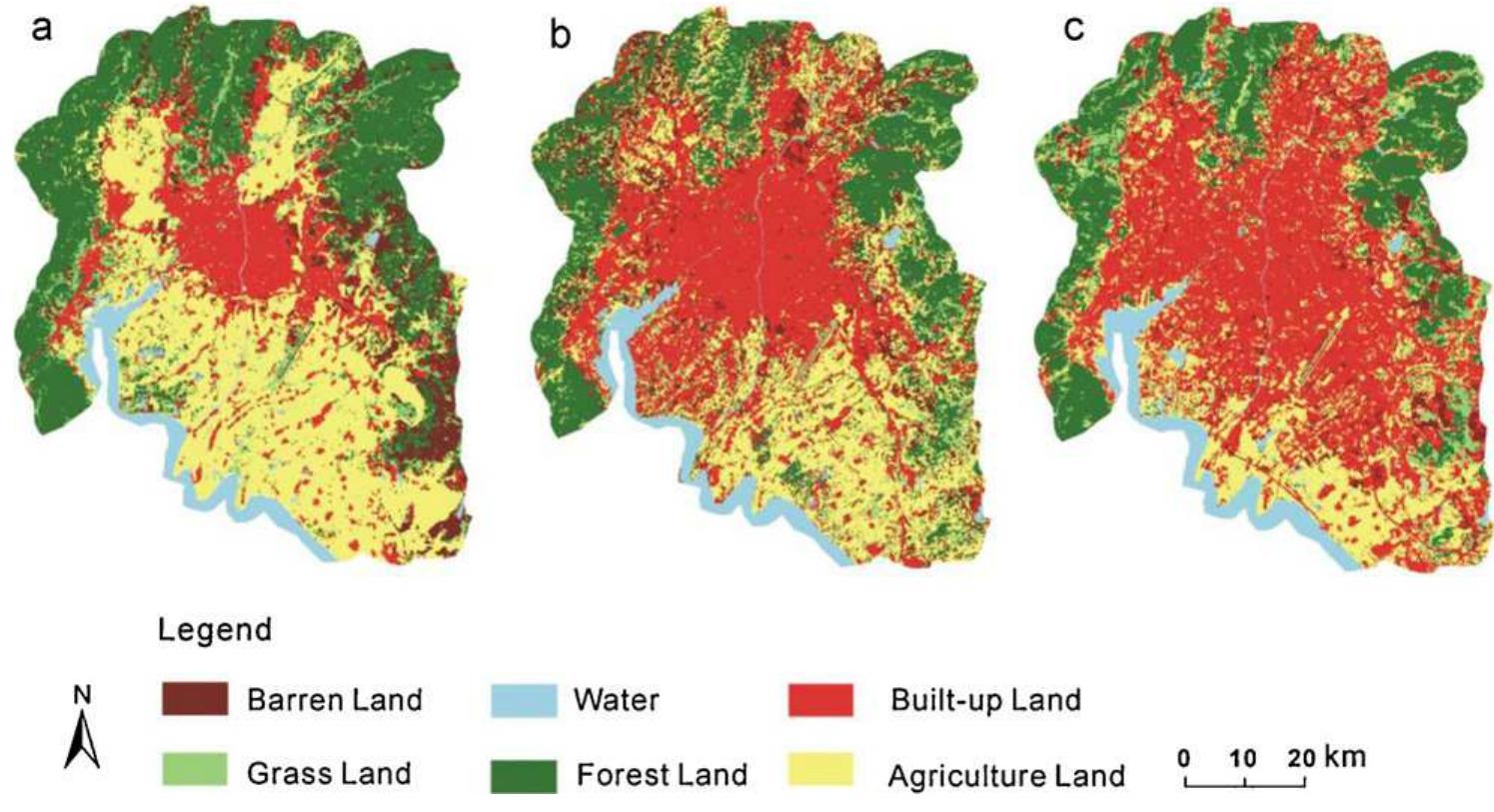 Land use of the study area in (a) 1992; (b) 2000; (c) 2009.