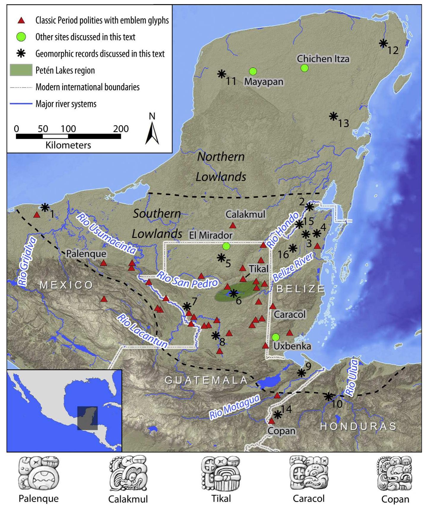 Map showing the distribution of classic period maya centers