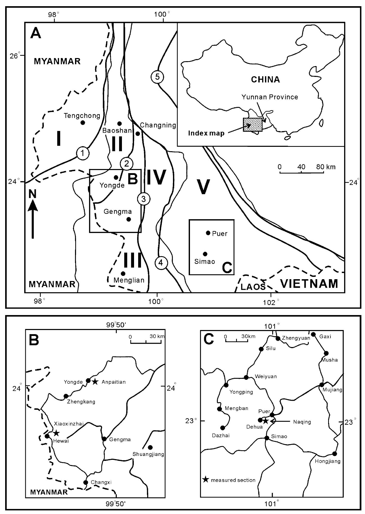 Map showing the locations of study areas and major