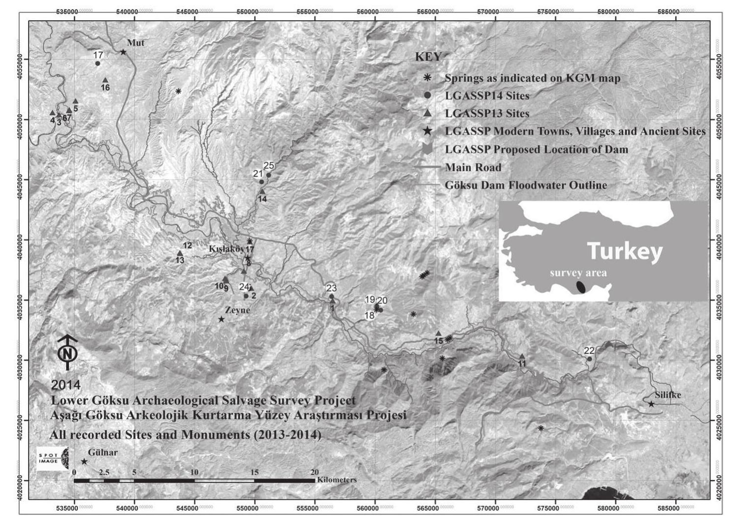 A map of the lower goksu valley showing the sites recorded