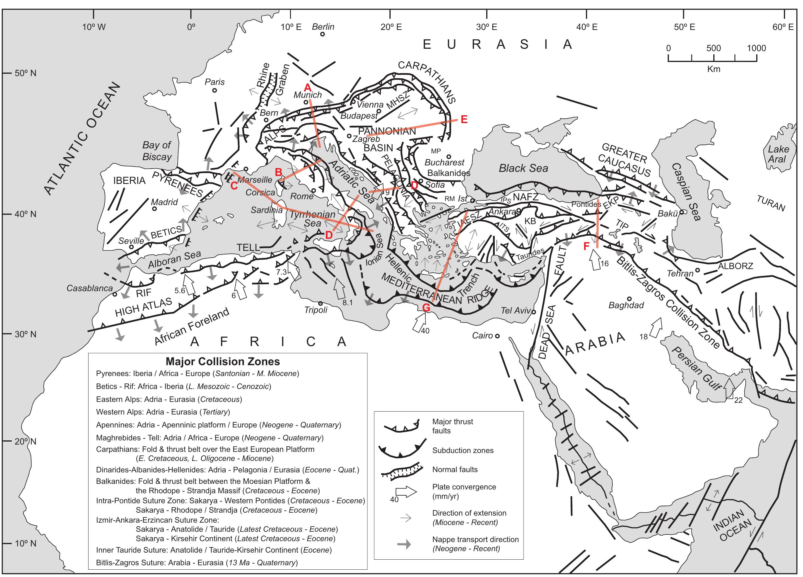 Simplified tectonic map of the mediterranean region showing