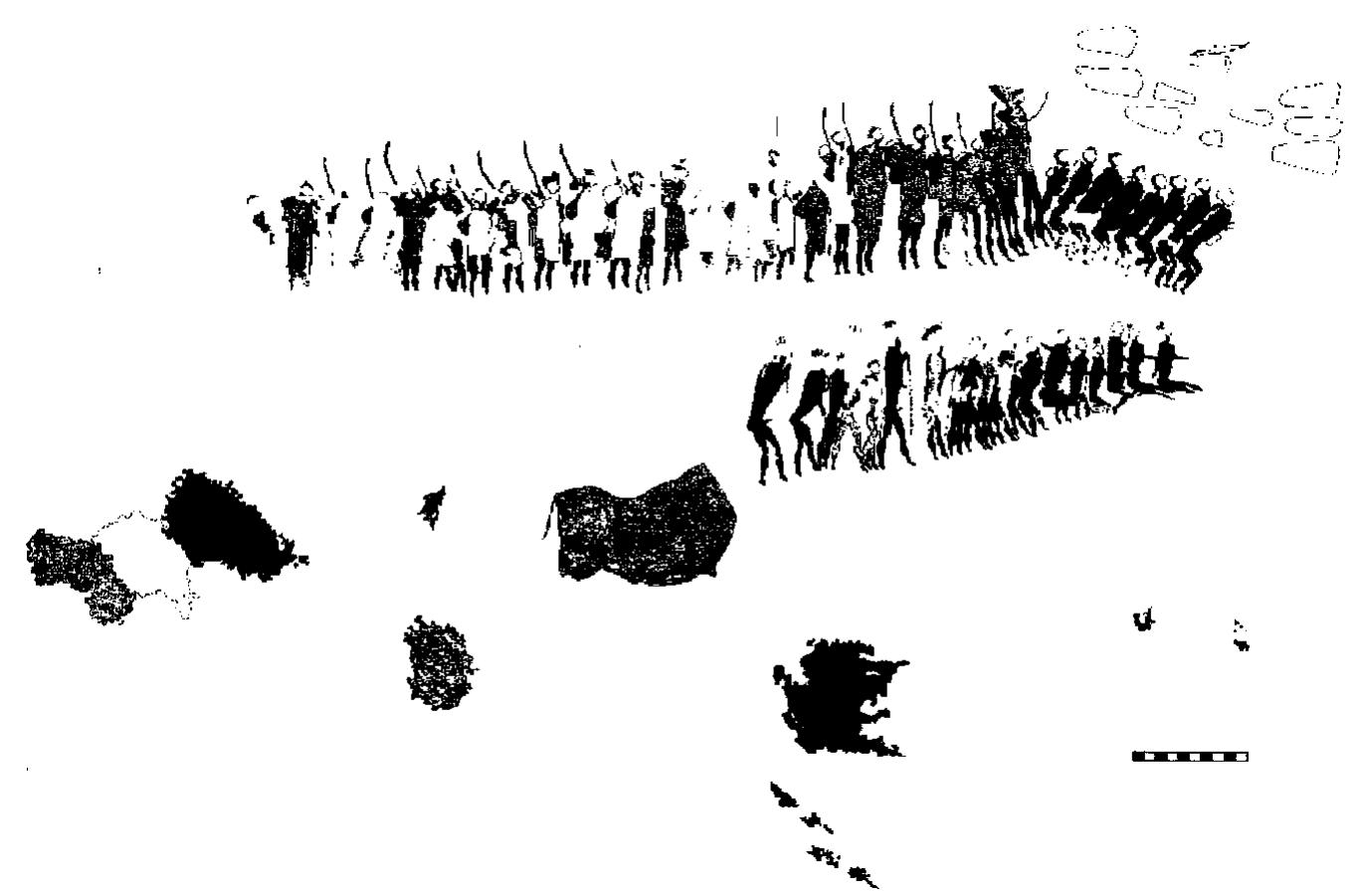 A line of cloaked figures, arguably men with quivers and