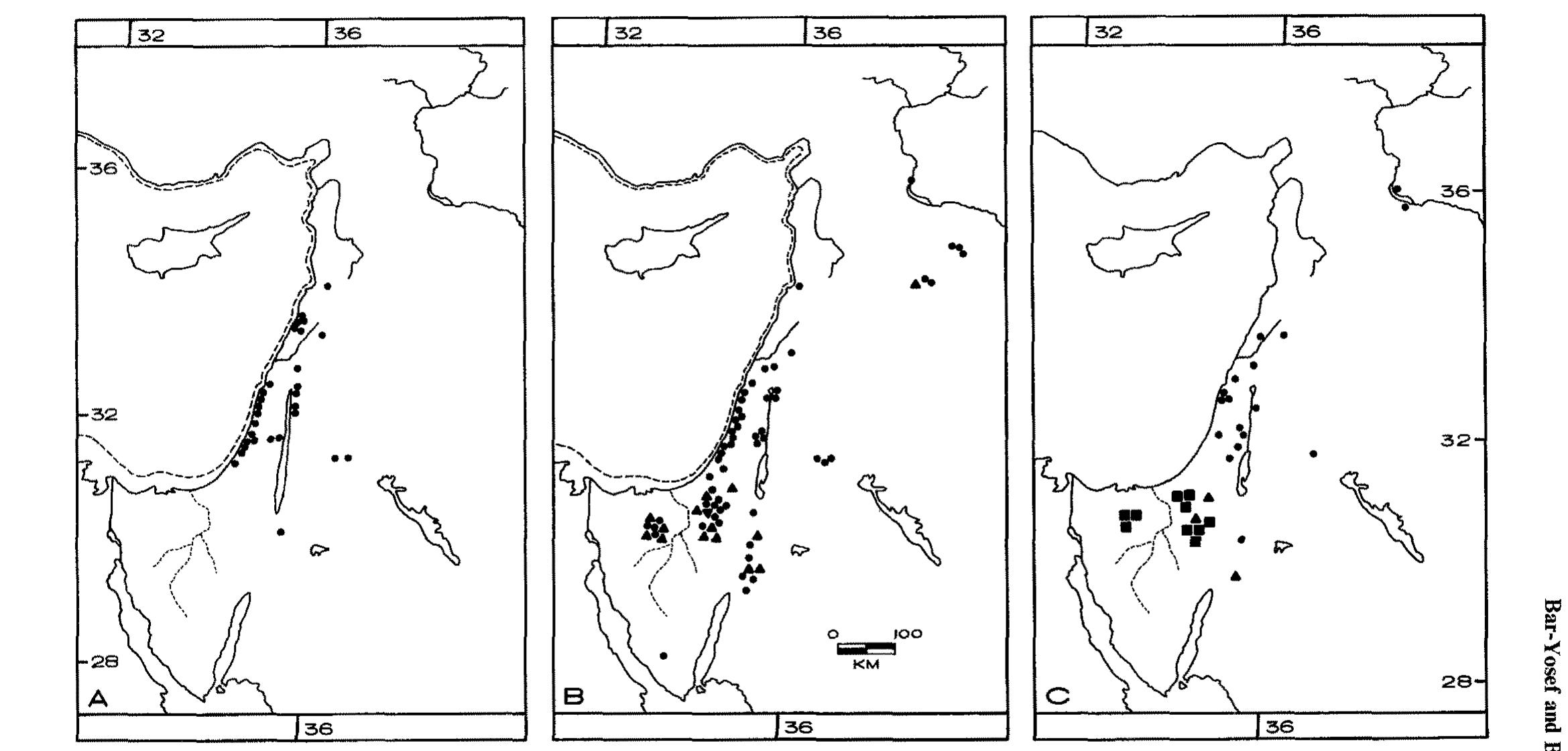 Distribution maps of epi-paleolithic entities in the levant: