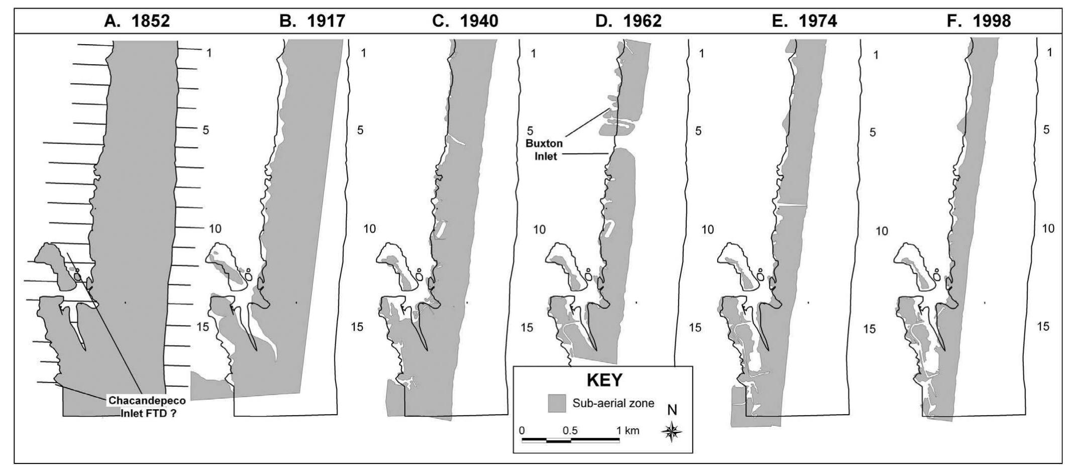 Time slice maps comparing barrier island width and