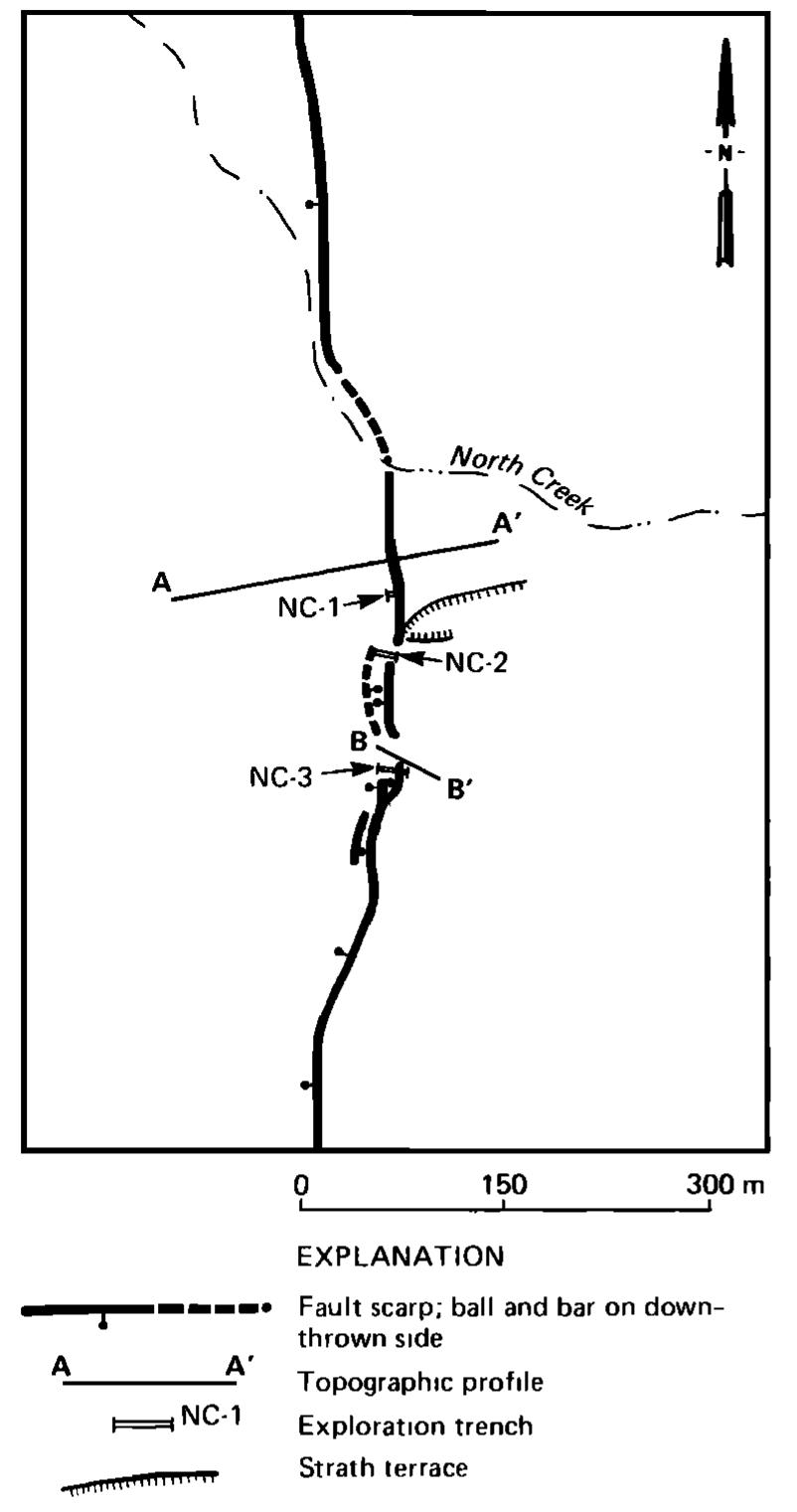 Map showing the location of fault traces, strath terrace,