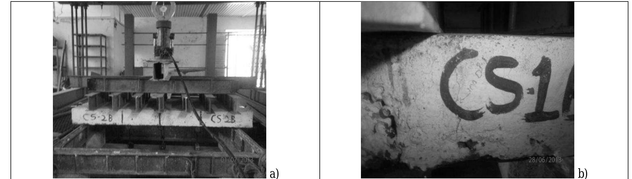 A) test load set up; b) local buckling of profile in slab