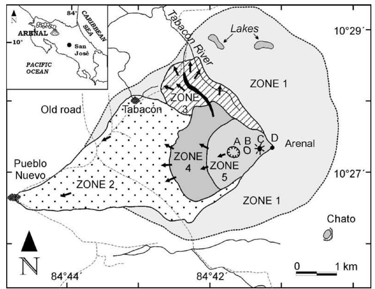 Location map of arenal volcano and zones devastated in 1968