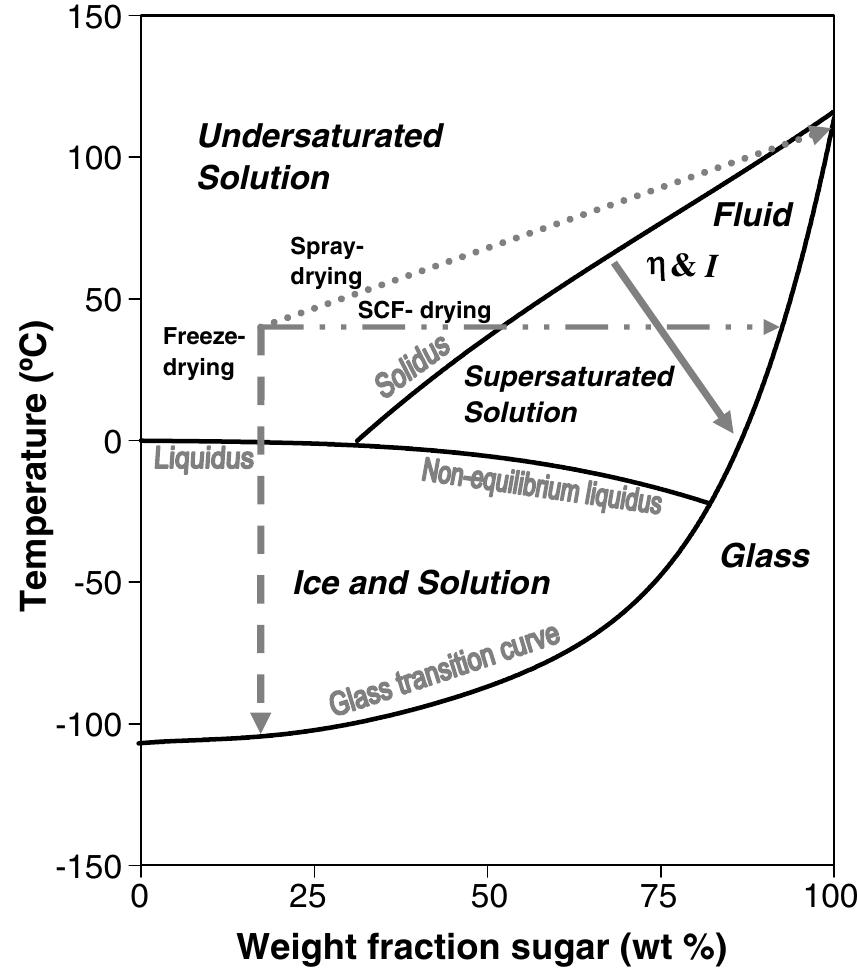 Typical phase diagram of a system water + sugar showing the