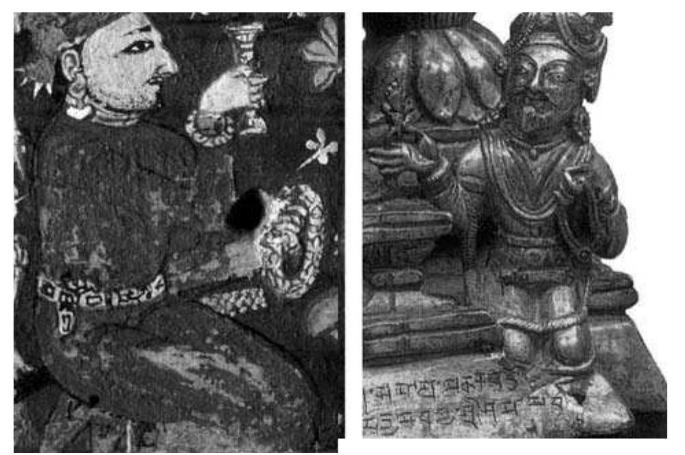 (left) gilgit manuscript cover 3, detail. (right) detail.